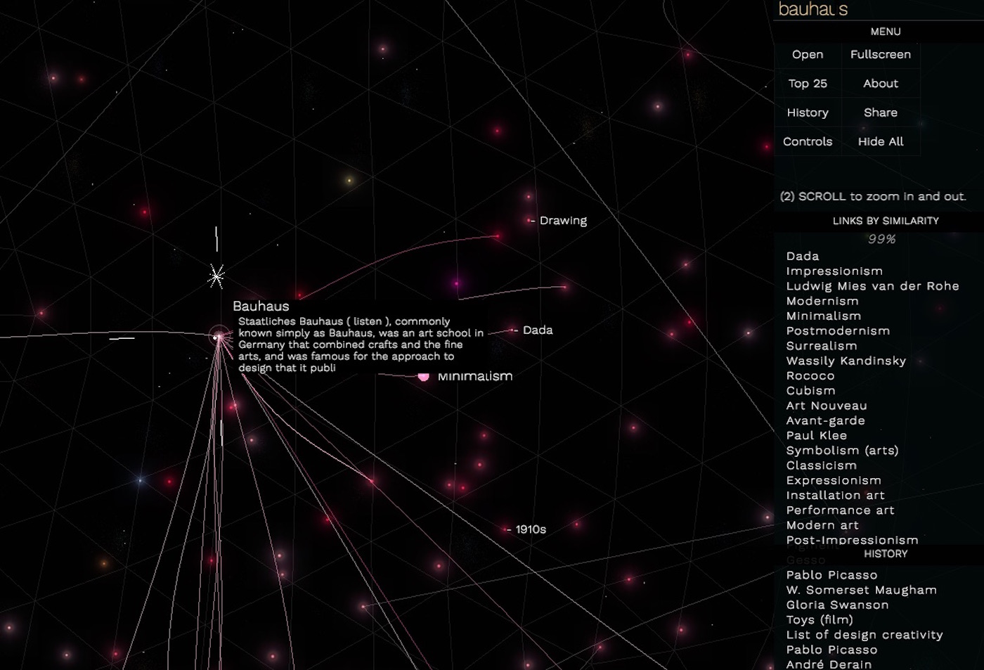 Exploring the Art Galaxy in the WikiVerse, a 3-D Visualization of Wikipedia